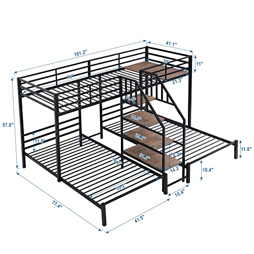 BOVZA Twin Size L-Shaped Metal Triple Bunk Bed with Storage Stairs, Twin Over Twin & Twin Triple Bunk Beds for 3 Kids Teens Girls Boys, Black