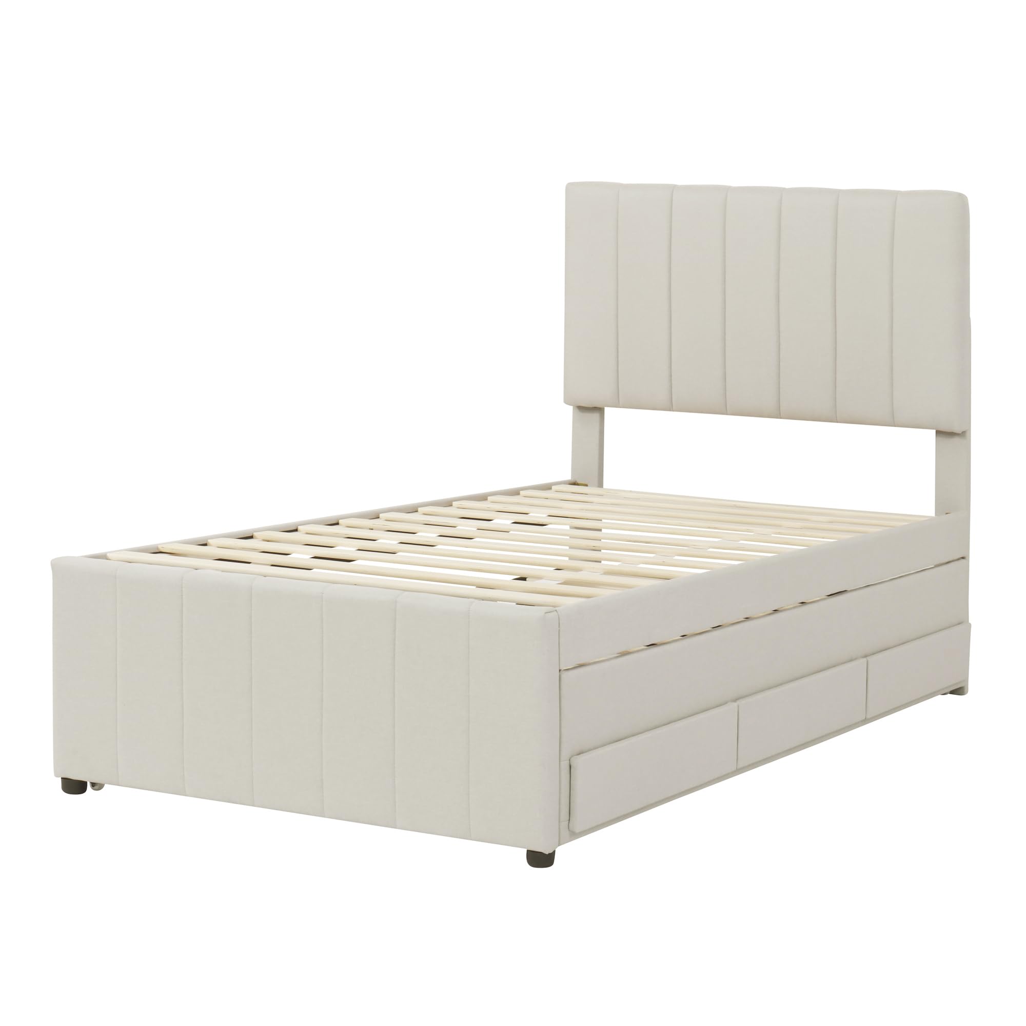 Twin Size Upholstered Captain Bed with Trundle and Storage Drawers, Linen Fabric Platform Bed with Channel Tufted Headboard, Modern Twin Bed for Kids Boys Girls Teens, Beige