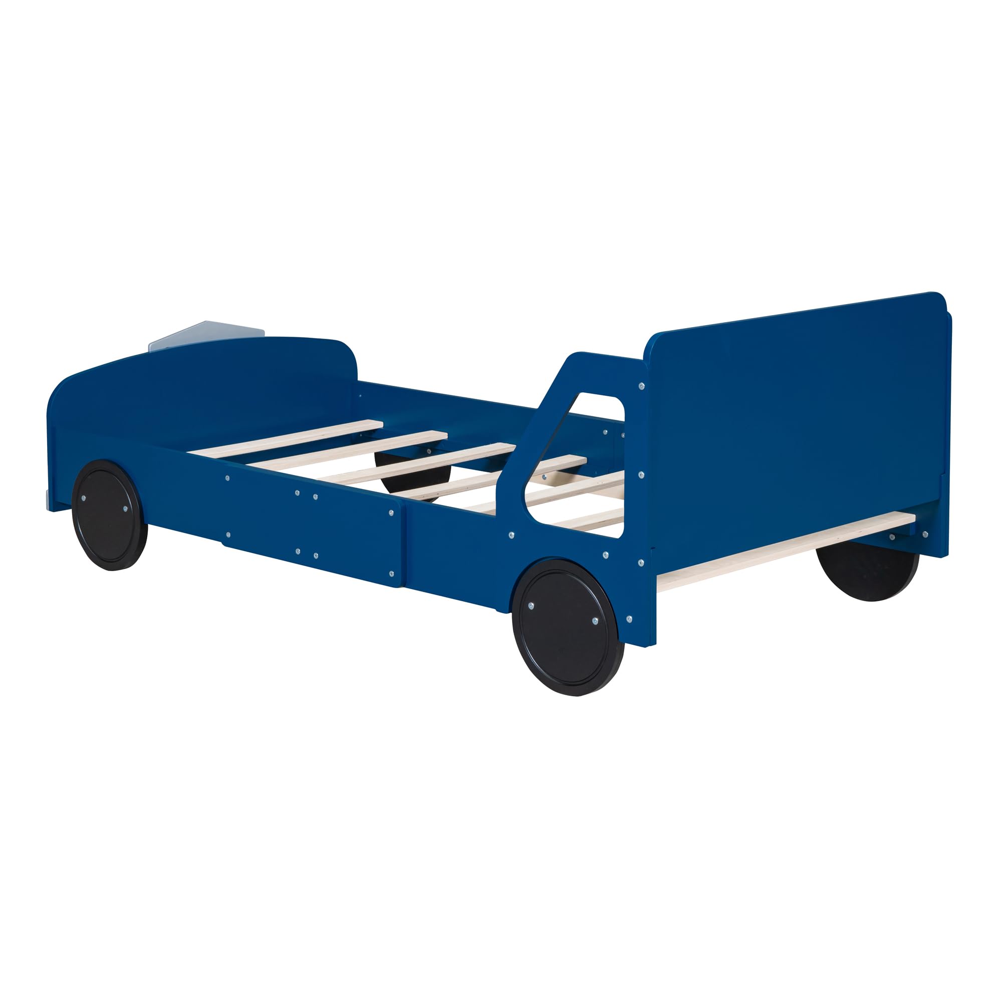 Twin Size Car Bed with Wheels, Wood Platform Bed with Headboard and Footboard, Race Car Bed Frame with Slats Support for Boys Girls, No Box Spring Needed, Blue