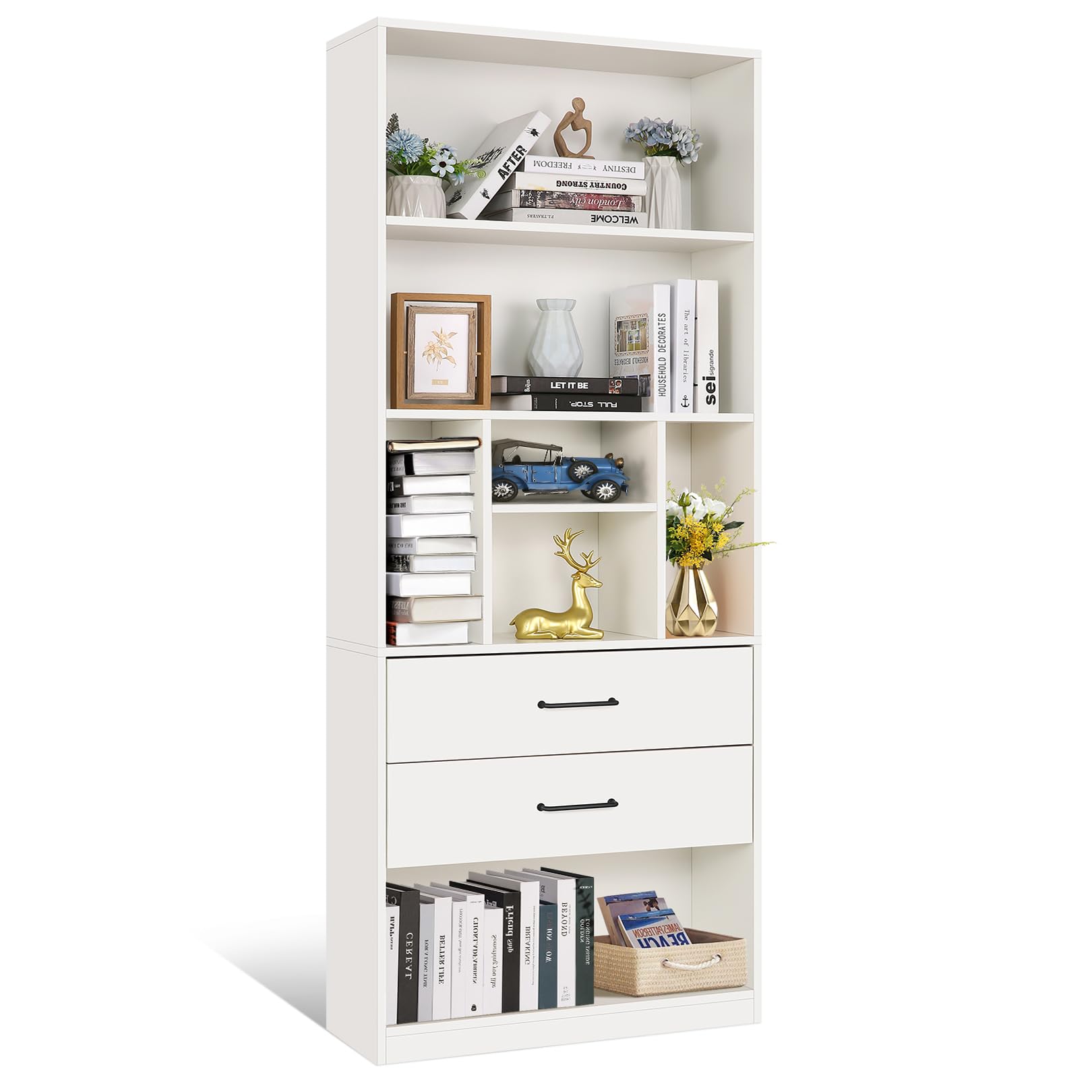 SEJOV White Bookshelf, 71" Tall Bookcase with 2 Drawers, Wooden Bookcases 4-Tier Open Shelves, Bookshelves and Storage Cabinet Floor Standing for Bedroom, Living Room, Office