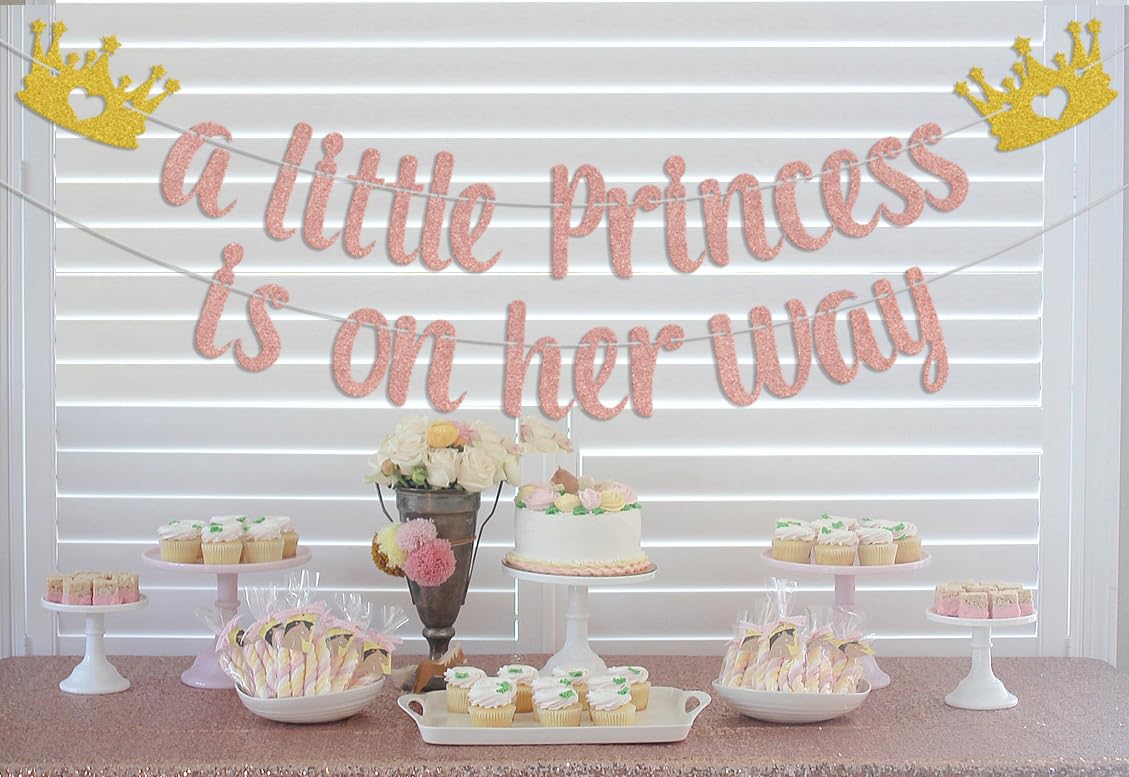 A Little Princess Is on Her Way Banner, Princess Themed Baby Shower Decorations, Crown Welcome Baby Party Decor, Baby Girl 1st Birthday Party Supplies Rose Gold & Gold