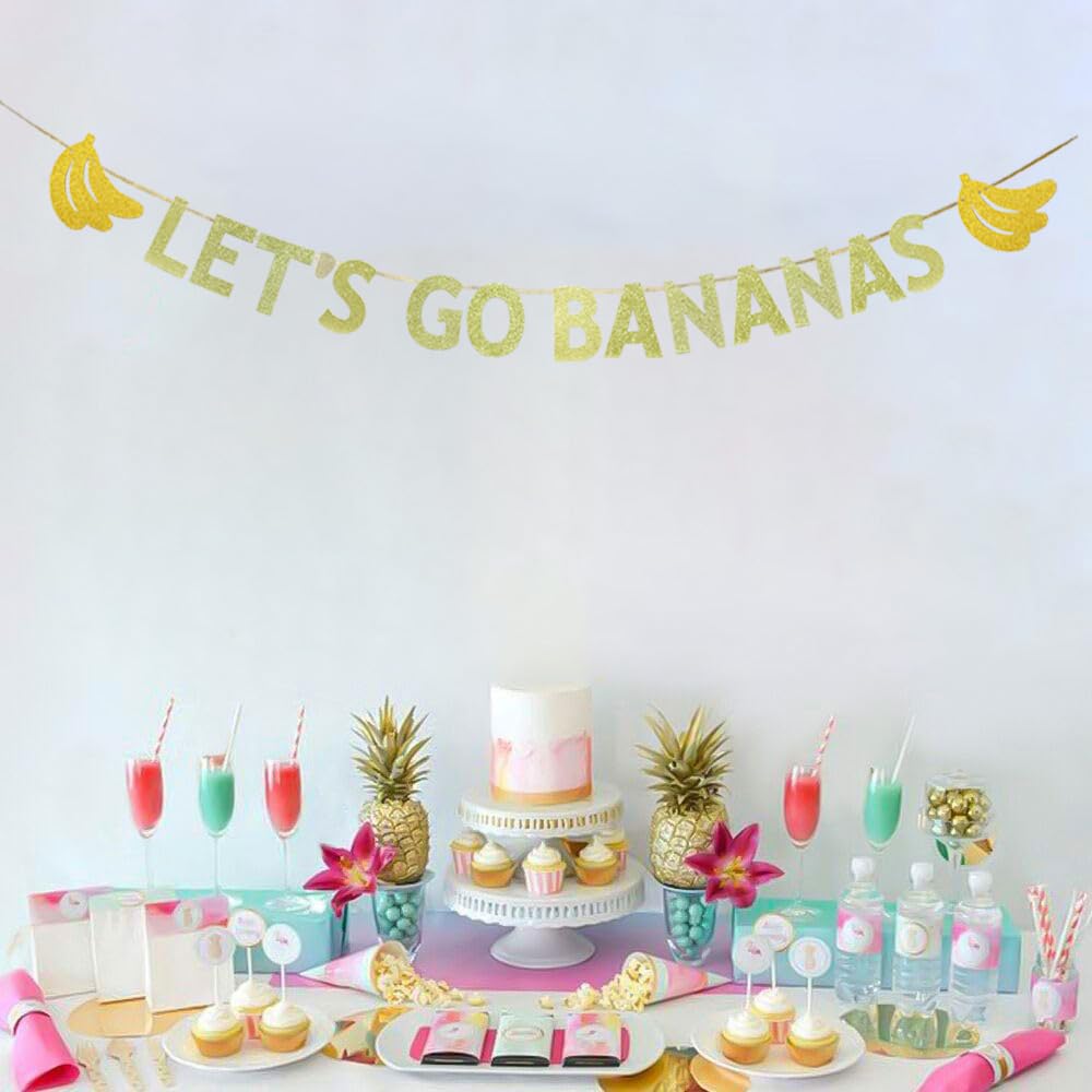 JENSENLIN Lets GO Bananas Letter Banner,Twotti Frutti Birthday Decorations,Banana Theme Birthday Banner for Fruit Birthday Party Decor,Gold Glitter.