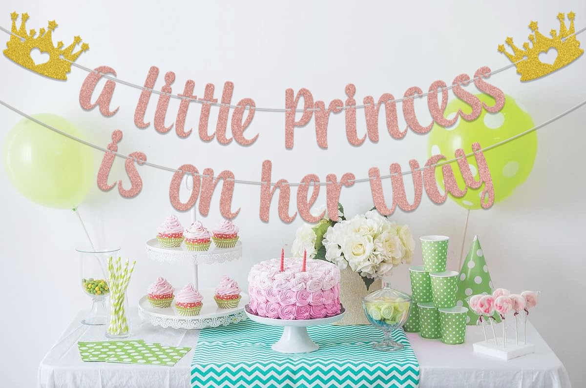 A Little Princess Is on Her Way Banner, Princess Themed Baby Shower Decorations, Crown Welcome Baby Party Decor, Baby Girl 1st Birthday Party Supplies Rose Gold & Gold