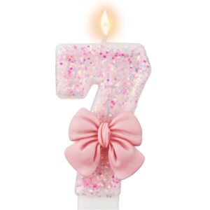 pink number 7 birthday candle, girl 7th ​birthday party pink theme decorations supplies, 3d bow designed glitter pink number candles for birthday cake topper decorations (7 candle pink)