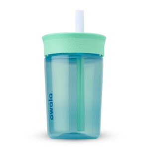 owala kids insulation bpa-free plastic tumbler with spill resistant flexible straw, easy to clean, kids water bottle, great for travel, dishwasher safe, 15 oz, teal and aqua (the blues)