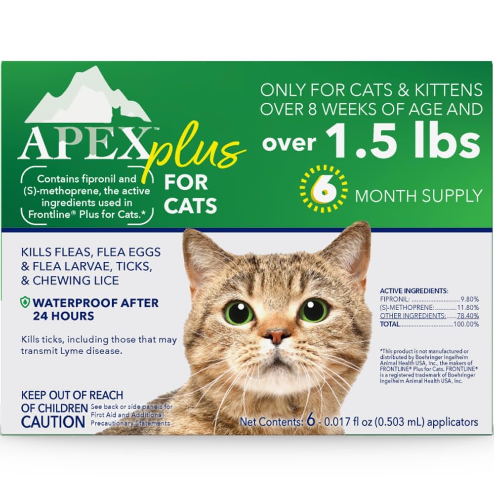 Apex Plus Cat Flea and Tick Treatment | 6-Month Supply, Over 1.5 lbs | Flea Treatment for Cats | 24-Hour Activation, Waterproof, 30-Day Protection