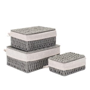 gib wicker woven storage baskets with lids set of 3 size, paper rope small nesting baskets removable liner container bins for shelves desk keys gifts makeup organizer, grey