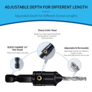 Countersink Drill Bit Set 5 pc,3in1 Woodworking Counterbore Hole Drill Bits,Tapered Countersink Bit,Depth Adjustable M2 Pilot Drill Bits, 82-Degree Chamfer, 1/4”Hex Shank