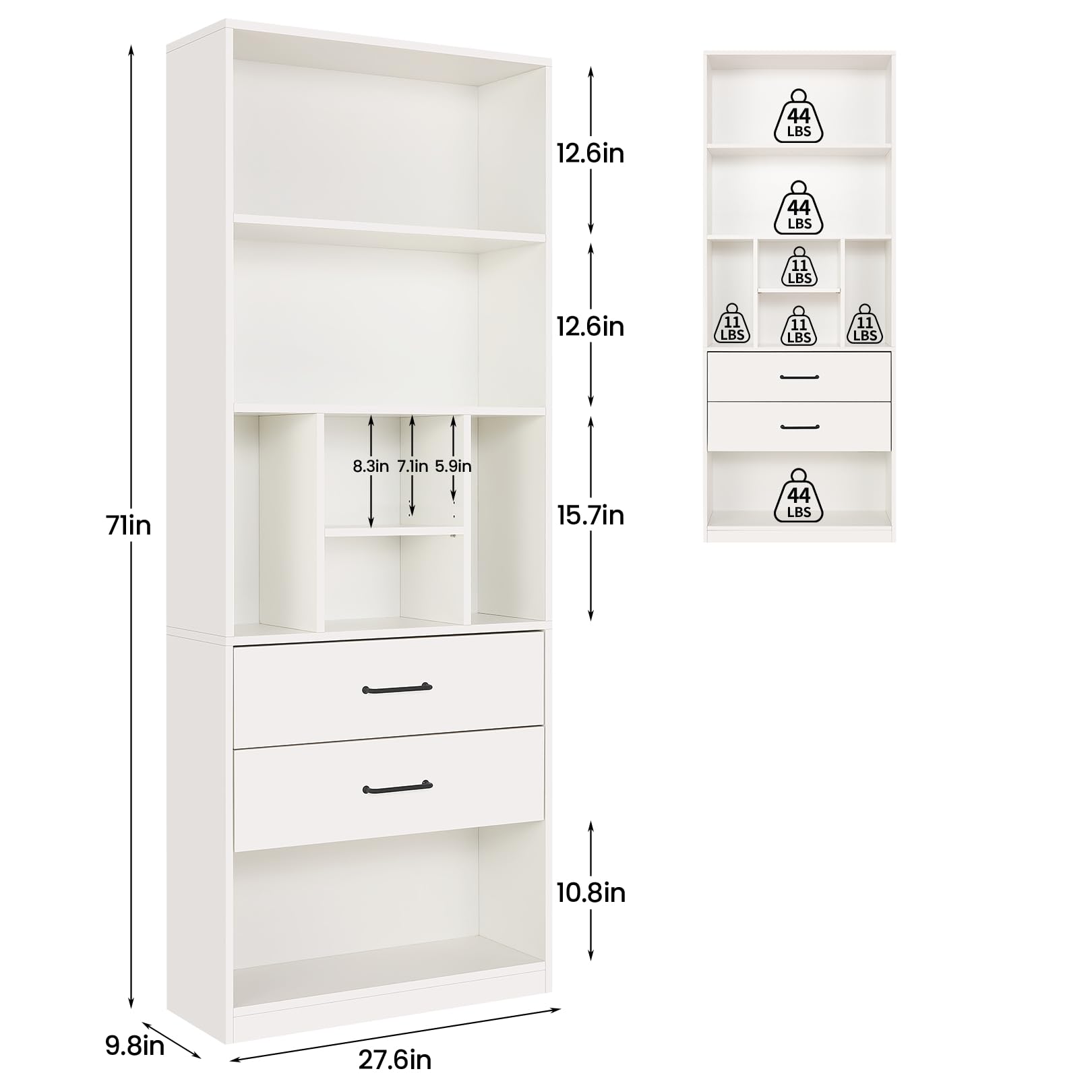 SEJOV White Bookshelf, 71" Tall Bookcase with 2 Drawers, Wooden Bookcases 4-Tier Open Shelves, Bookshelves and Storage Cabinet Floor Standing for Bedroom, Living Room, Office