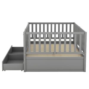 Harper & Bright Designs Kids Full Size Bed with Storage Drawers and Rails Fence, Wood Daybed Frame Montessori Bed for Girls Boys, Can Split into Independent Floor Bed & Daybed, Gray