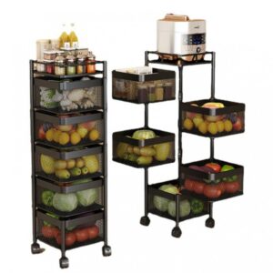 clayhu rotating storage rack with lockable casters & stainless steel removable storage basket fruit and vegetable storage rack for kitchen bathroom storage basket rack bedroom (black, 5 tier)