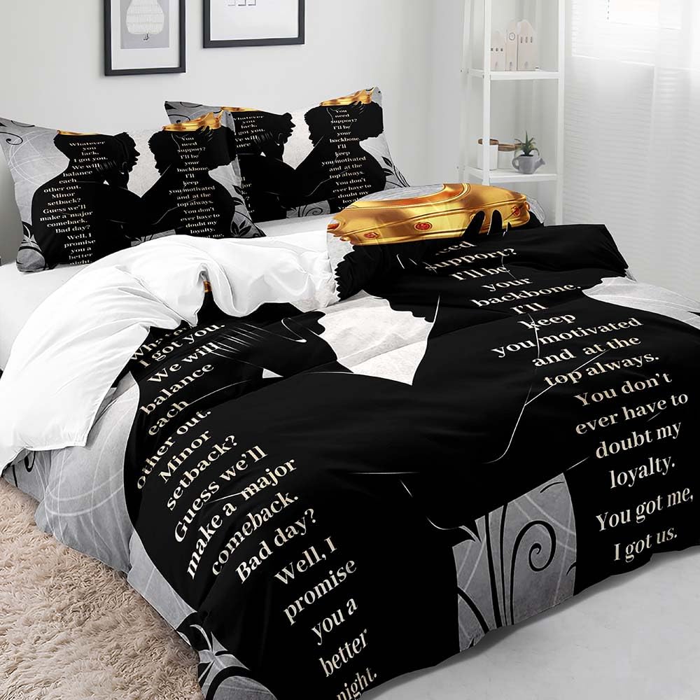 LUVIVIHOME 3PCS African American Bedding Sets, Grey Black Duvet Cover Queen, Afro King Melanin Queen Comforter Bedspread Quilt Cover, Romantic Valentine's Day Anniversary Couple Gifts, 2 Pillow Shams