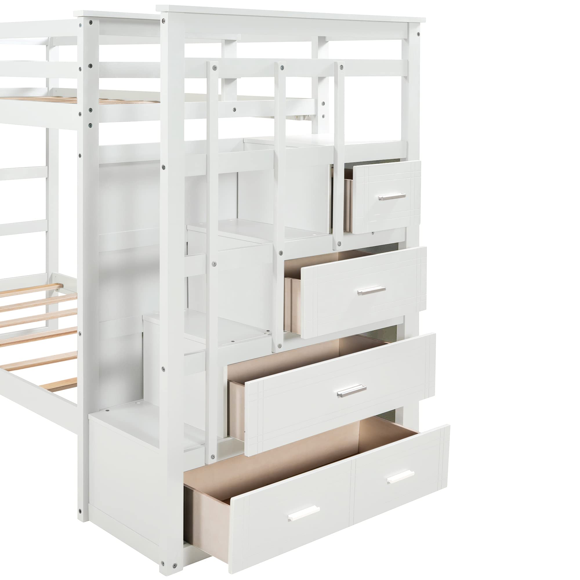 Twin Over Twin Bunk Bed with Twin Size Trundle, Solid Wood Bunk Beds with 4 Storage Drawers, Staircase and Safety Guard Rail, No Box Spring Needed (White)