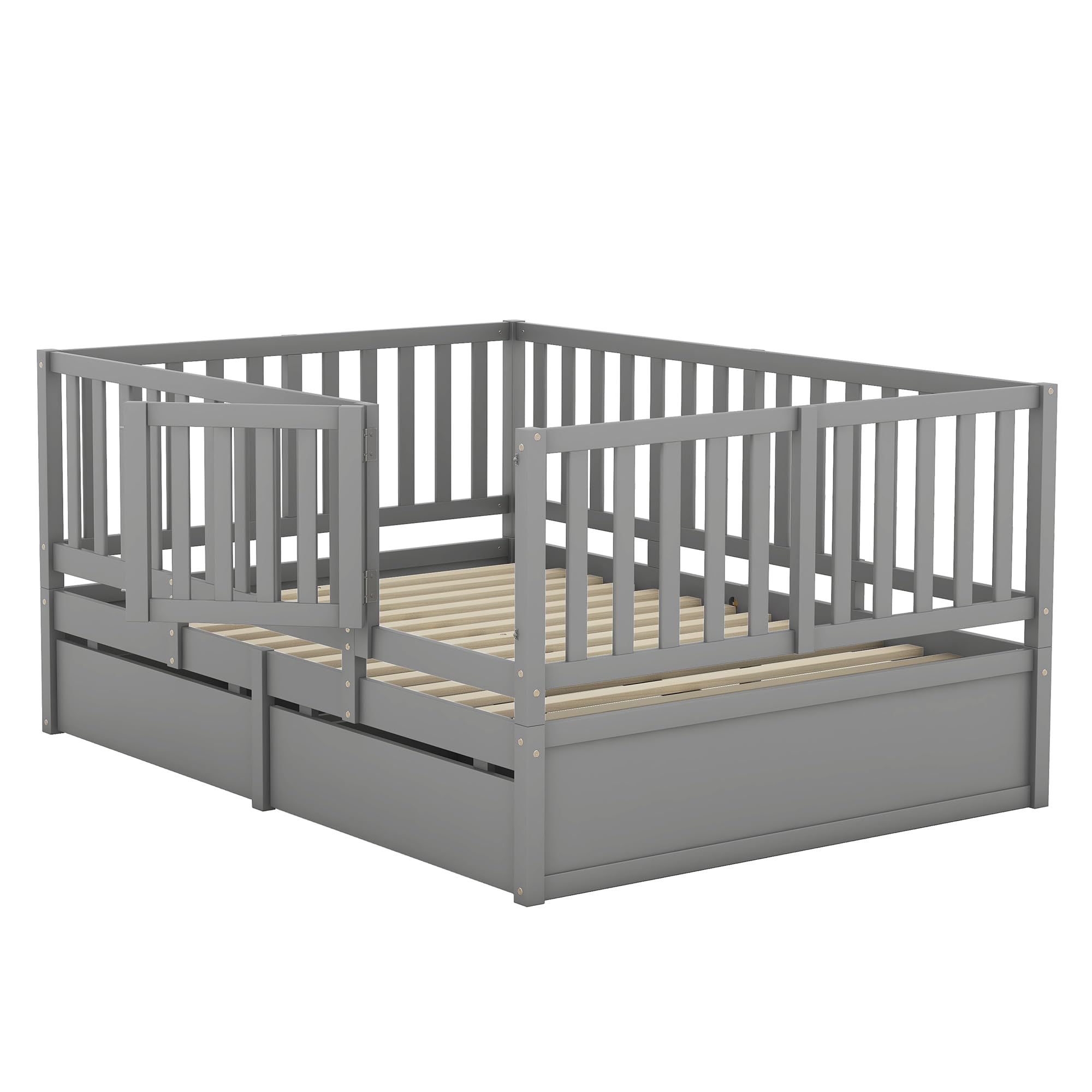 Harper & Bright Designs Kids Full Size Bed with Storage Drawers and Rails Fence, Wood Daybed Frame Montessori Bed for Girls Boys, Can Split into Independent Floor Bed & Daybed, Gray