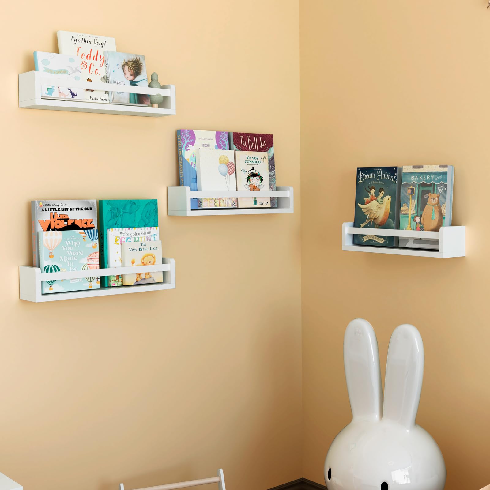 CRAZYMOTO Floating Shelf Wall Set of 4, White Floating Book Shelves for Kids Room,Nursery Shelves,Book Shelf, Display Shelf Organizer Spice Rack for Bathroom, Bedroom, Living Room, Kitchen, Office