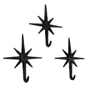 set of 3 black finish cast iron 8-pointed atomic starburst wall hooks - mid-century modern elegance - easy install - perfect for vintage and eclectic decor