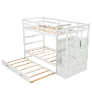 Twin Over Twin Bunk Bed with Twin Size Trundle, Solid Wood Bunk Beds with 4 Storage Drawers, Staircase and Safety Guard Rail, No Box Spring Needed (White)