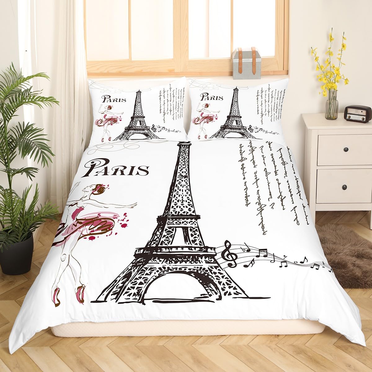 Erosebridal Eiffel Tower Duvet Cover Queen Size,Girls Ballet Comforter Cover for Ballet Lovers,Black White Bed Cover,Retro Music Notes Bedding Set,Romantic Ballerina Bed Set 3Pcs with 2 Pillow Cases