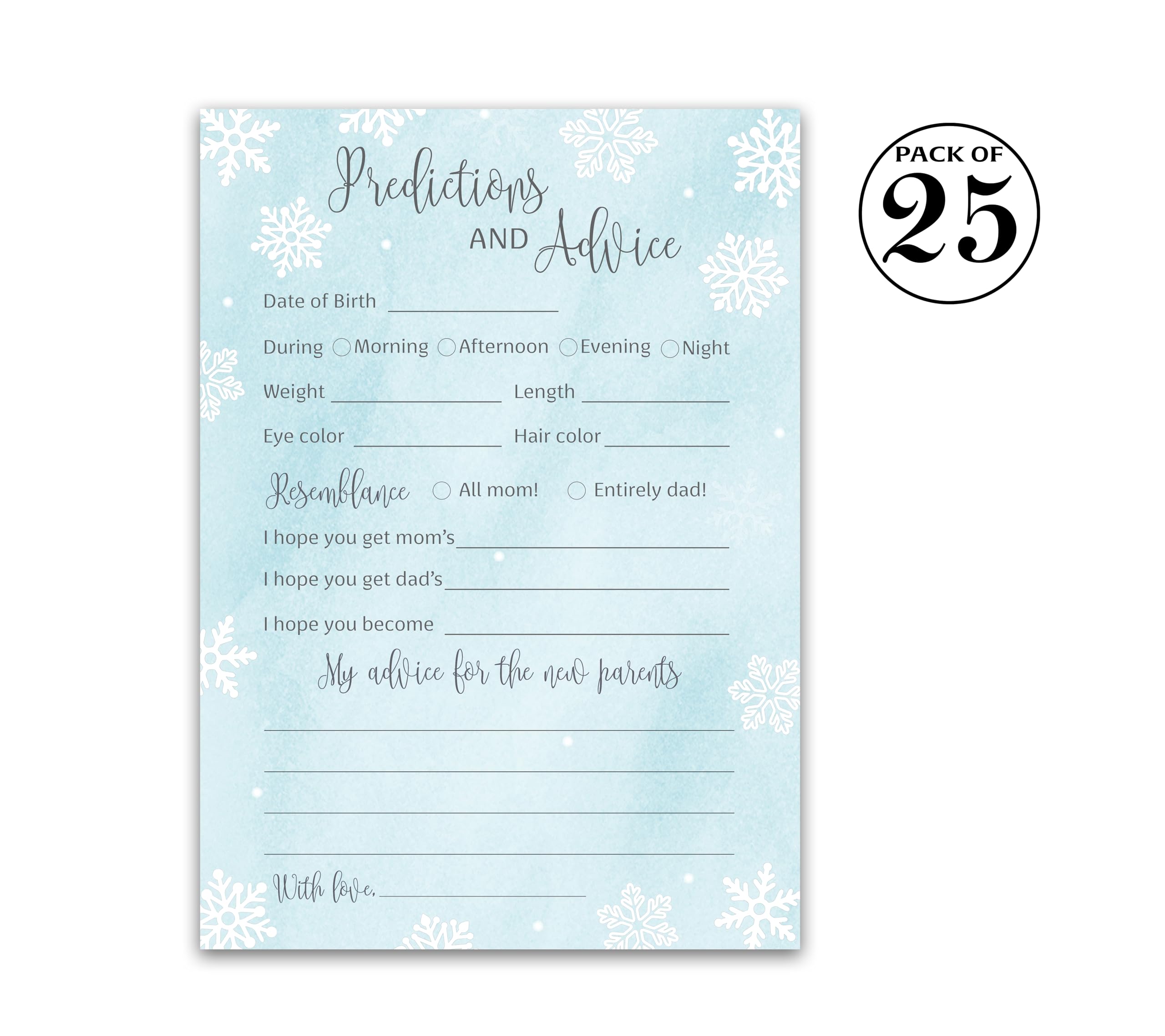 SNOWFLAKES Prediction and Advice Cards - Pack of 25 - WINTER Wonderland BLUE Boy Baby Shower Game, Wishes for Mommy & Daddy Message Baby It’s Cold Outside Activity Keepsake Frost Holiday G781-PDAV