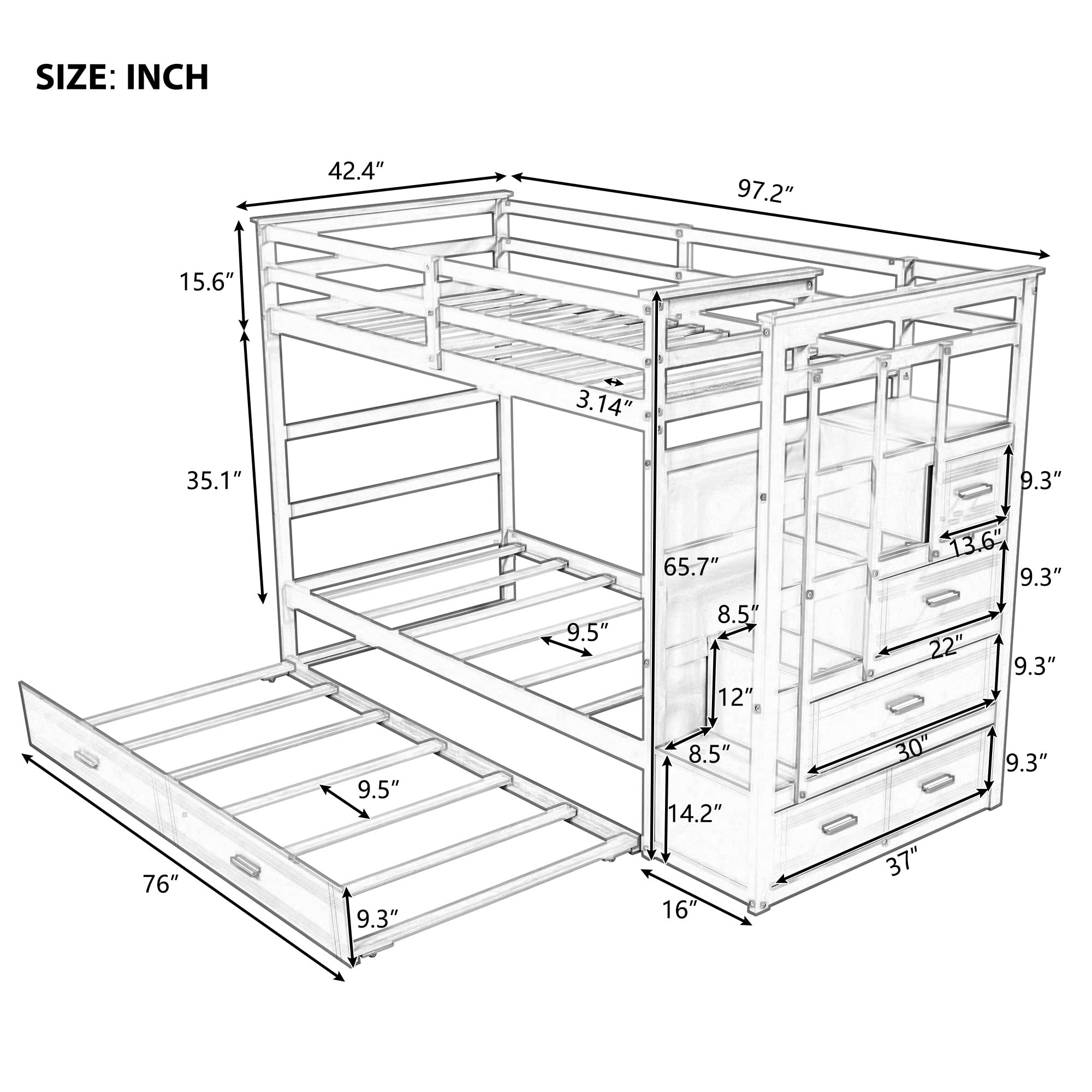 Twin Over Twin Bunk Bed with Twin Size Trundle, Solid Wood Bunk Beds with 4 Storage Drawers, Staircase and Safety Guard Rail, No Box Spring Needed (White)