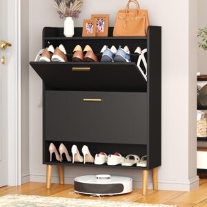 homefort shoe cabinet for entryway, shoe storage cabinet with 2 flip drawers, 30" narrow shoe organizer cabinet for front door entrance, modern slim hidden shoe rack cabinet in balck