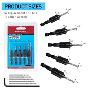 Countersink Drill Bit Set 5 pc,3in1 Woodworking Counterbore Hole Drill Bits,Tapered Countersink Bit,Depth Adjustable M2 Pilot Drill Bits, 82-Degree Chamfer, 1/4”Hex Shank