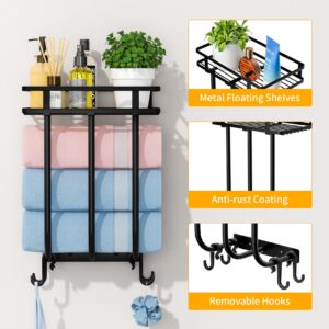 GAGUIUP Towel Racks for Bathroom, Wall Mounted Towel Rack with Metal Shelf & 4 Hanging Hooks, Towel Shelf Towel Storage for Small Bathroom, Can Hold 3 Large Size Rolled Towel Holder Organizer, Black