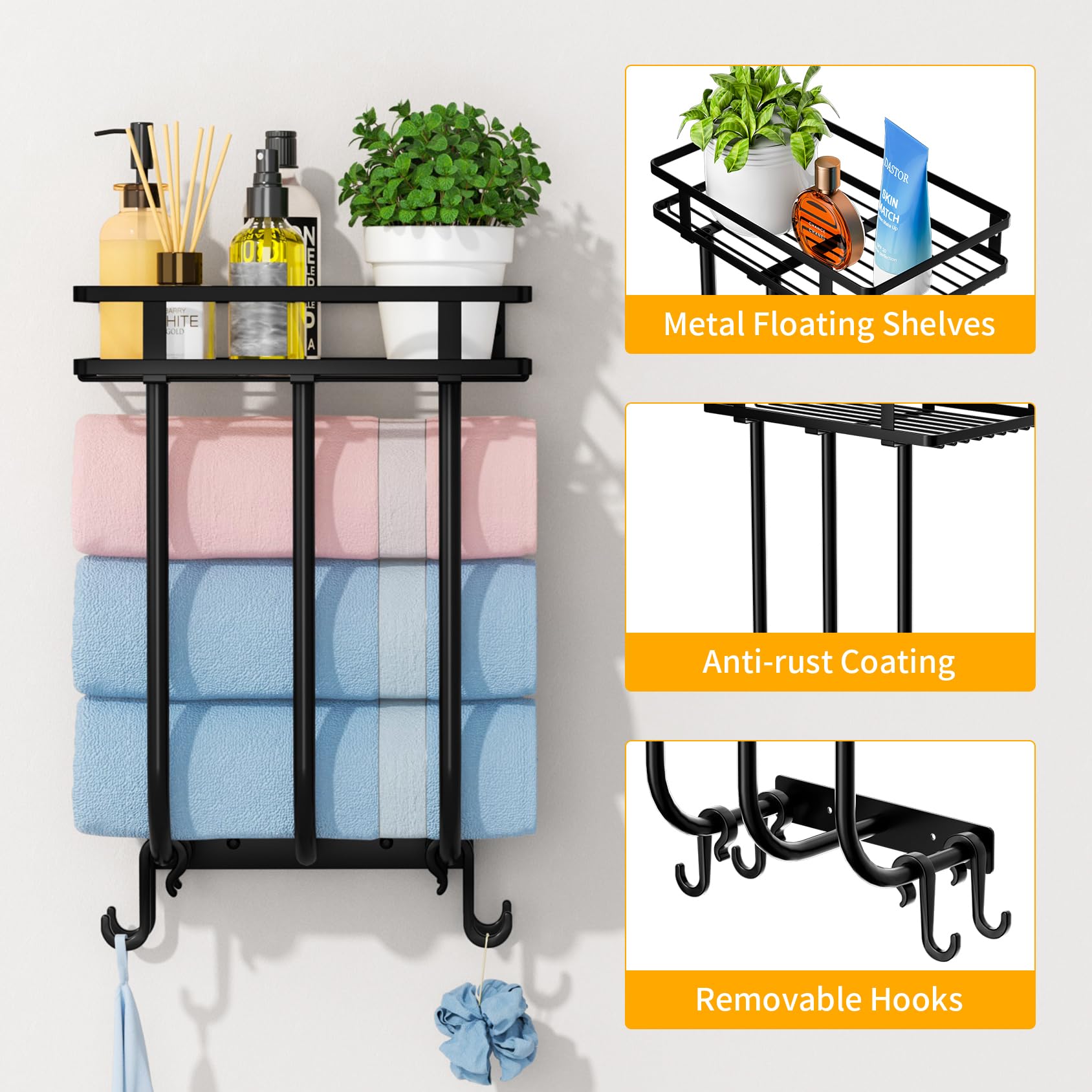 GAGUIUP Towel Racks for Bathroom, Wall Mounted Towel Rack with Metal Shelf & 4 Hanging Hooks, Towel Shelf Towel Storage for Small Bathroom, Can Hold 3 Large Size Rolled Towel Holder Organizer, Black