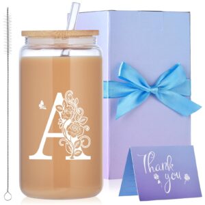 mafye initial glass cups with lids and straws, monogrammed present for women, 16oz beer glass tumbler, iced coffee mug, personalized present with box and card. women's day birthday present for her