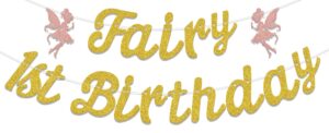 fairy 1st birthday banner, cute fairies 1st birthday party decorations, flower fairy girl happy first birthday anniversary baby shower party supplies gold rose gold