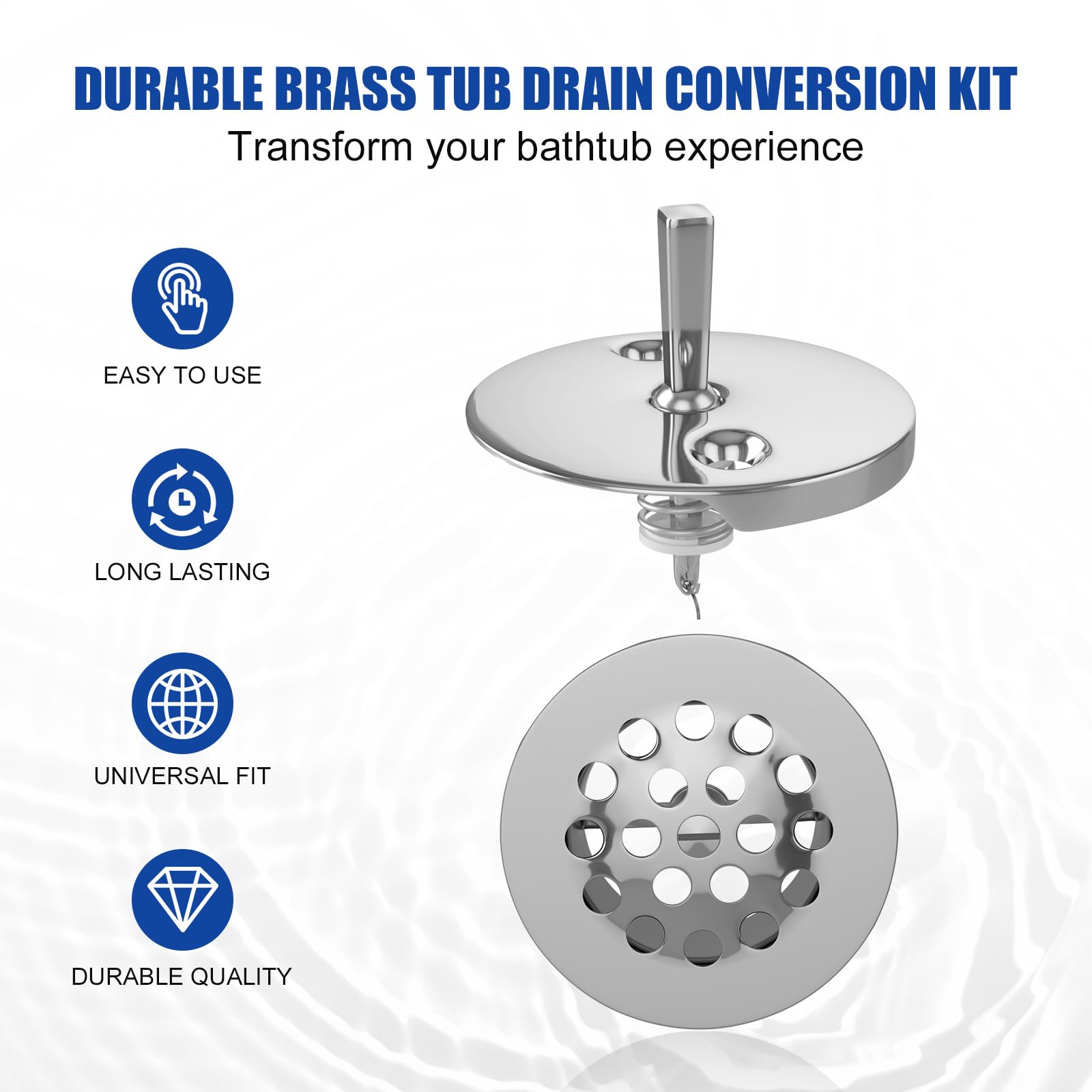 Trip Lever Tub Trim Kit Set With Two Hole Trip Lever Overflow Face Plate, Grid Tub Drain Kit, Bathtub Drain Assembly Stopper Kit, Overflow and Matching Screws(Chrome Plated)