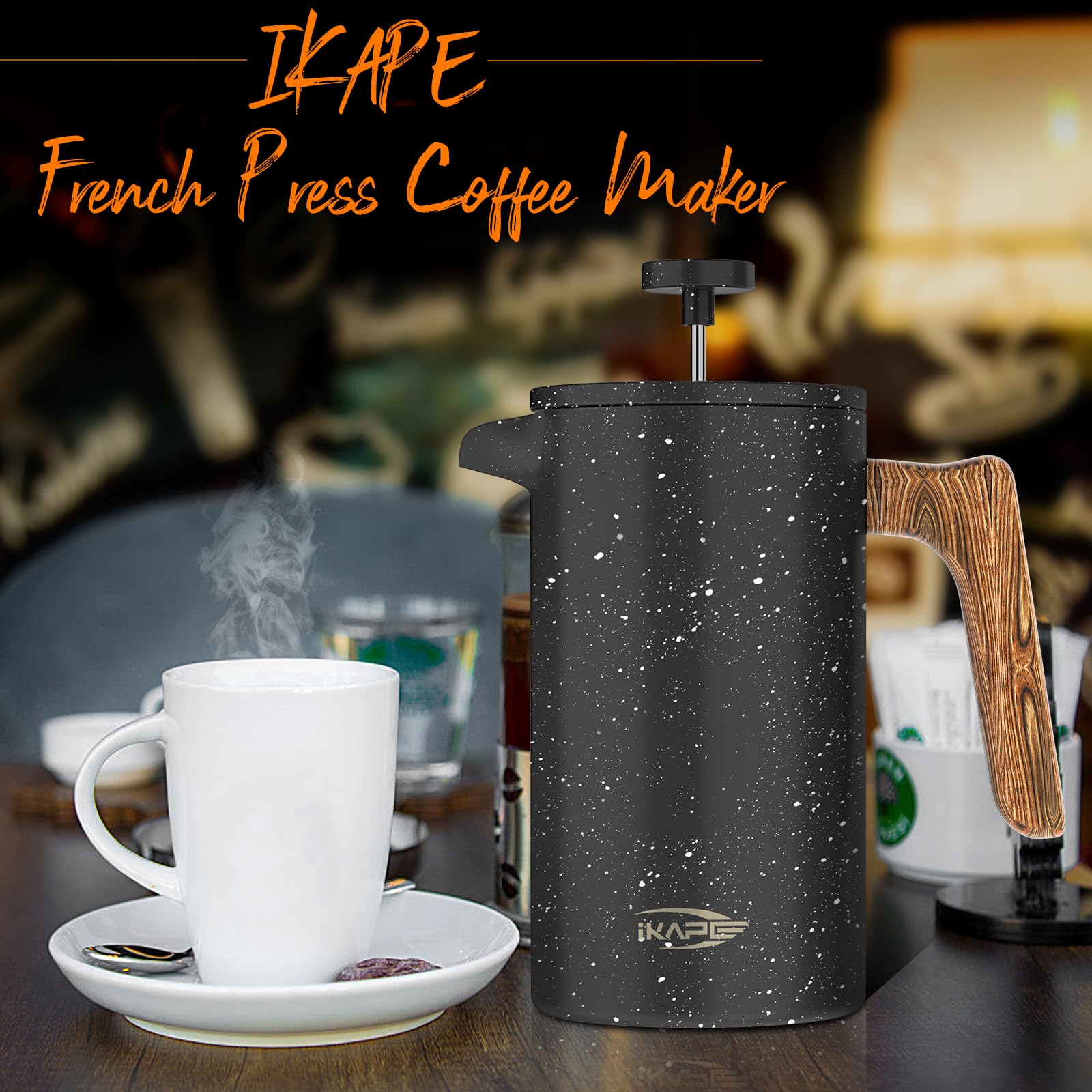 IKAPE French Press Coffee Maker, 34 OZ 304 Stainless Steel Espresso Coffee & Tea Maker with 4 Level Filtration System(Starry Black)