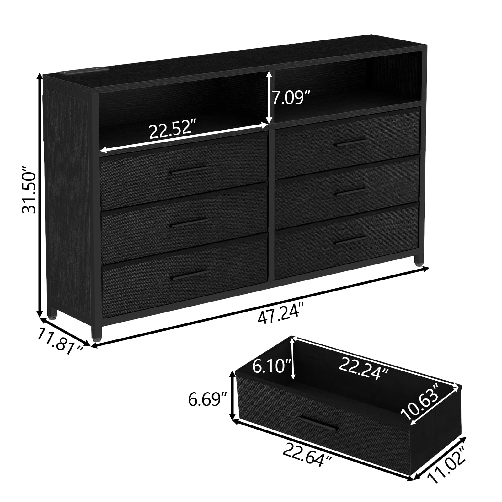 Loomie 6 Drawers Dresser with Power Outlets and LED Lights, Black Dresser with 2 Top Cubby, Tall Wide Fabric Double Chest of Drawers,Modern Dresser Tv Stand for up to 60" TV for Bedroom, Living Room