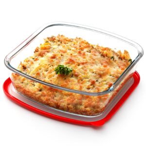 2.7 qt square glass baking dish with red visible lid, 9x9 baking dish with lid, large and deep baking dish for oven