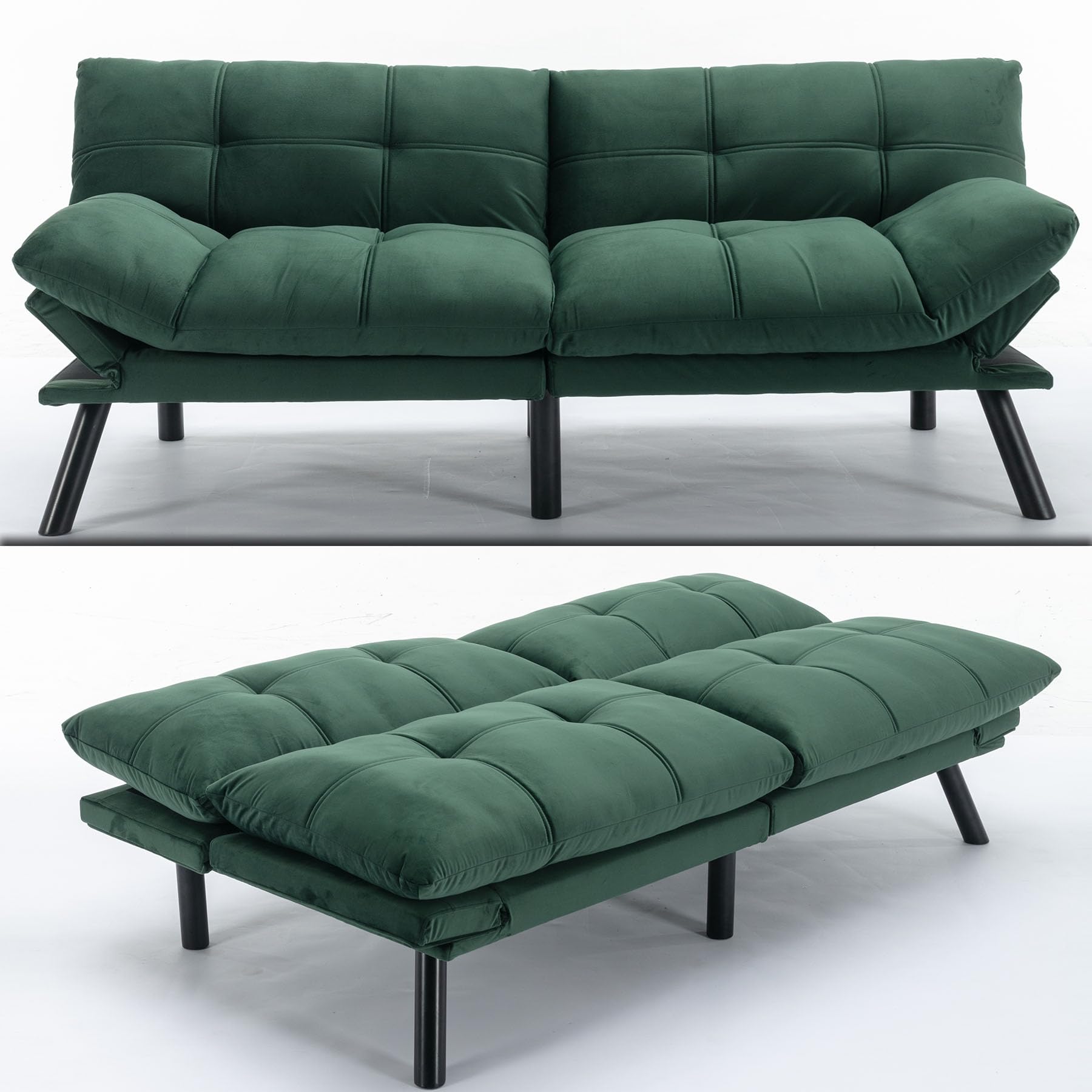 70“ Modern Velvet Futon Couch Sleeper,Convertible Sleeper Sofa Bed with Adjustable Backrests and Folding Armrest for Living Room Bedroom Office Apartment,Split Back,Mattress Included (Green)