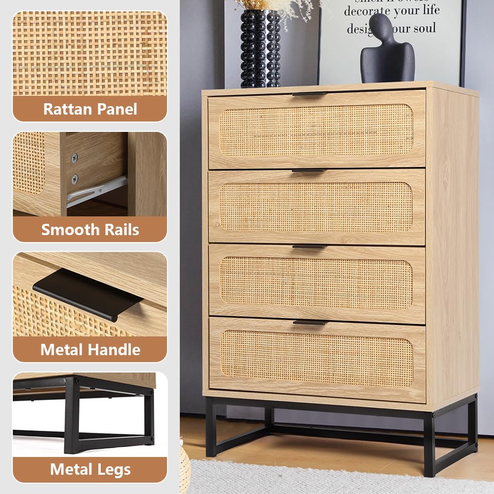 affeivul Mid Century Modern Dresser, 4 Drawer Rattan Dresser for Bedroom Wood, Boho Wooden Rattan Storage Cabinet Side Table with Solid Metal Legs, Tall Skinny Dresser for Closet (Natural)