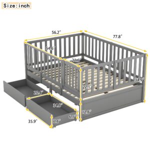 Harper & Bright Designs Kids Full Size Bed with Storage Drawers and Rails Fence, Wood Daybed Frame Montessori Bed for Girls Boys, Can Split into Independent Floor Bed & Daybed, Gray