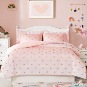 wink deer kids pink bedding sets, 5 piece twin comforter set with sheets, gold heart shaped pink cute bedding for girls, twin bed in a bag(twin, 66" x 86")