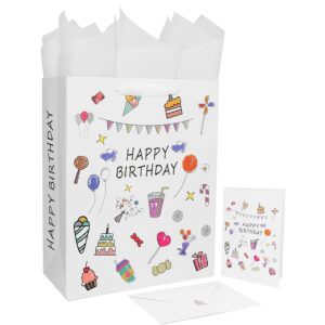 13" large white gift bag set with greeting card and tissue papers (cake and ice cream) for boys, girls or kids birthday party, baby shower