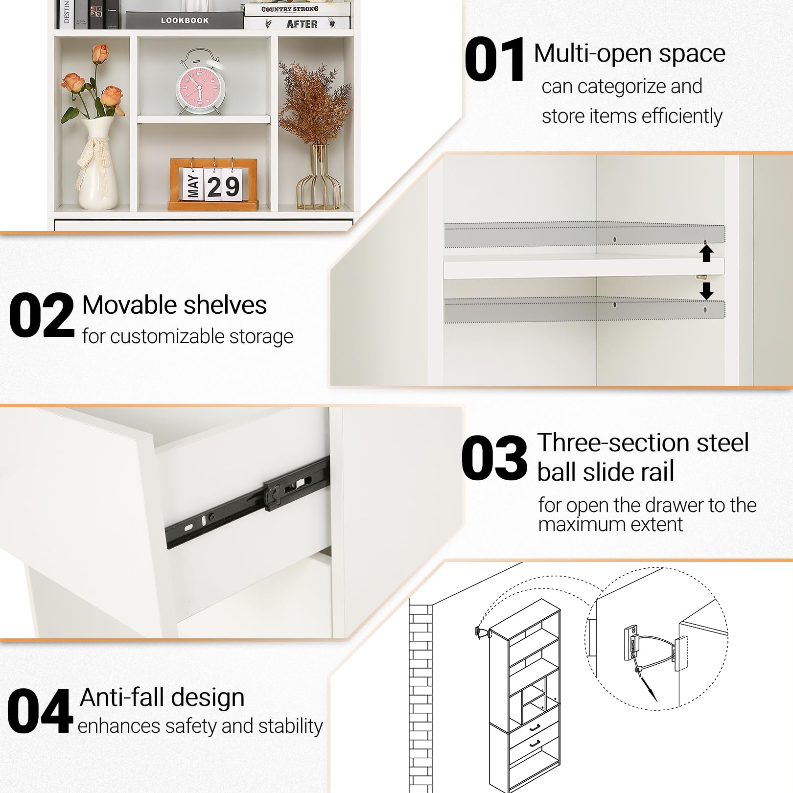 SEJOV White Bookshelf, 71" Tall Bookcase with 2 Drawers, Wooden Bookcases 4-Tier Open Shelves, Bookshelves and Storage Cabinet Floor Standing for Bedroom, Living Room, Office