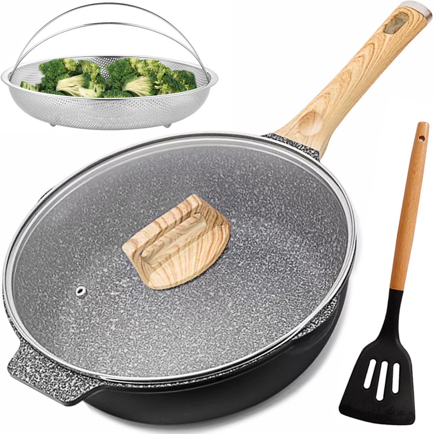 Non Stick Deep Frying Pan with Lid, 12 In / 5.5 Quart Saute Pan with Strainer, Granite Chef Pan Skillet Nonstick for Cooking, 100% PFOA Free Non Toxic Fry Pan for All Stove top Gas Induction