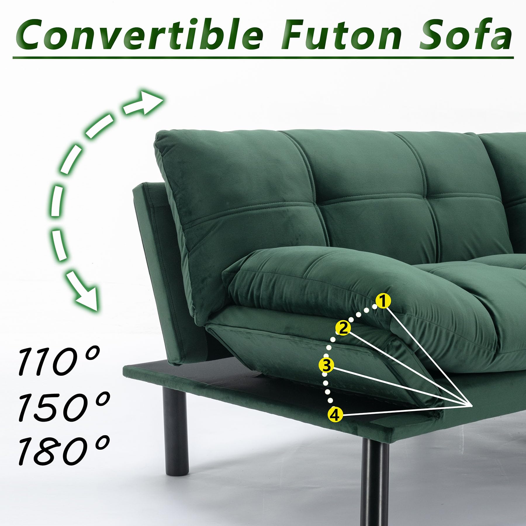 70“ Modern Velvet Futon Couch Sleeper,Convertible Sleeper Sofa Bed with Adjustable Backrests and Folding Armrest for Living Room Bedroom Office Apartment,Split Back,Mattress Included (Green)