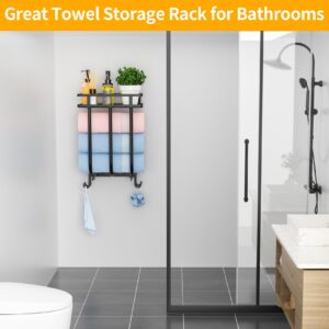 GAGUIUP Towel Racks for Bathroom, Wall Mounted Towel Rack with Metal Shelf & 4 Hanging Hooks, Towel Shelf Towel Storage for Small Bathroom, Can Hold 3 Large Size Rolled Towel Holder Organizer, Black