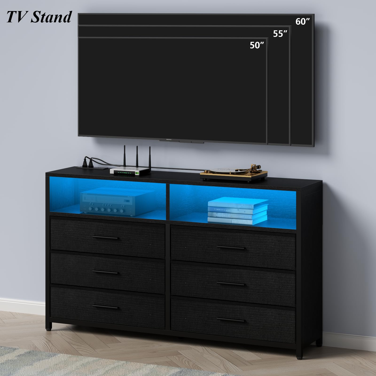 Loomie 6 Drawers Dresser with Power Outlets and LED Lights, Black Dresser with 2 Top Cubby, Tall Wide Fabric Double Chest of Drawers,Modern Dresser Tv Stand for up to 60" TV for Bedroom, Living Room