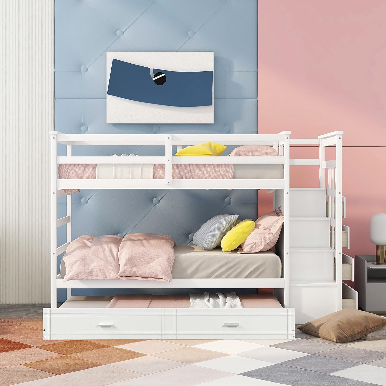 Twin Over Twin Bunk Bed with Twin Size Trundle, Solid Wood Bunk Beds with 4 Storage Drawers, Staircase and Safety Guard Rail, No Box Spring Needed (White)