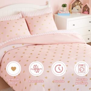 Wink Deer Kids Pink Bedding Sets, 5 Piece Twin Comforter Set with Sheets, Gold Heart Shaped Pink Cute Bedding for Girls, Twin Bed in a Bag(Twin, 66" X 86")