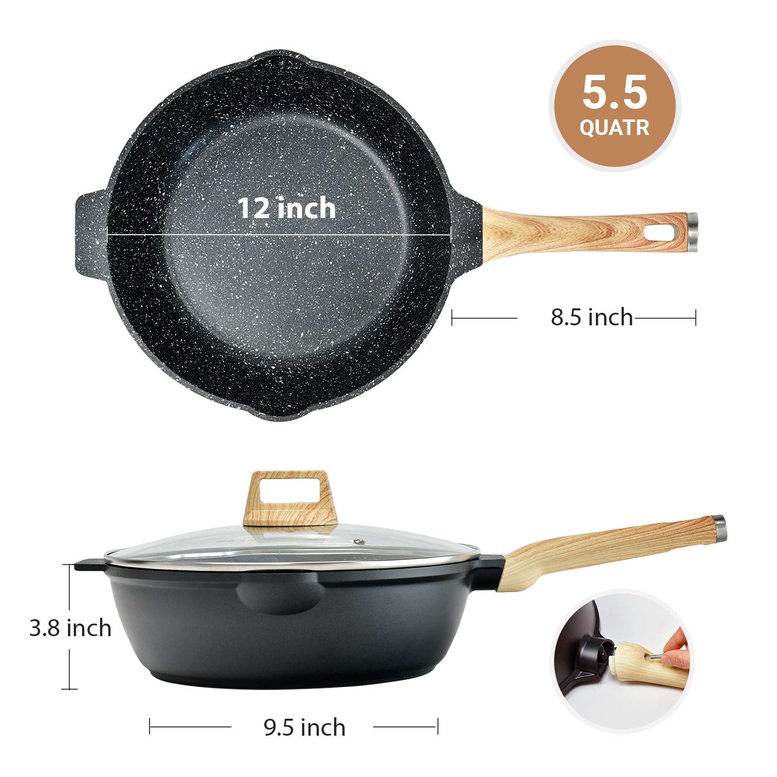 Non Stick Deep Frying Pan with Lid, 12 In / 5.5 Quart Saute Pan with Strainer, Granite Chef Pan Skillet Nonstick for Cooking, 100% PFOA Free Non Toxic Fry Pan for All Stove top Gas Induction