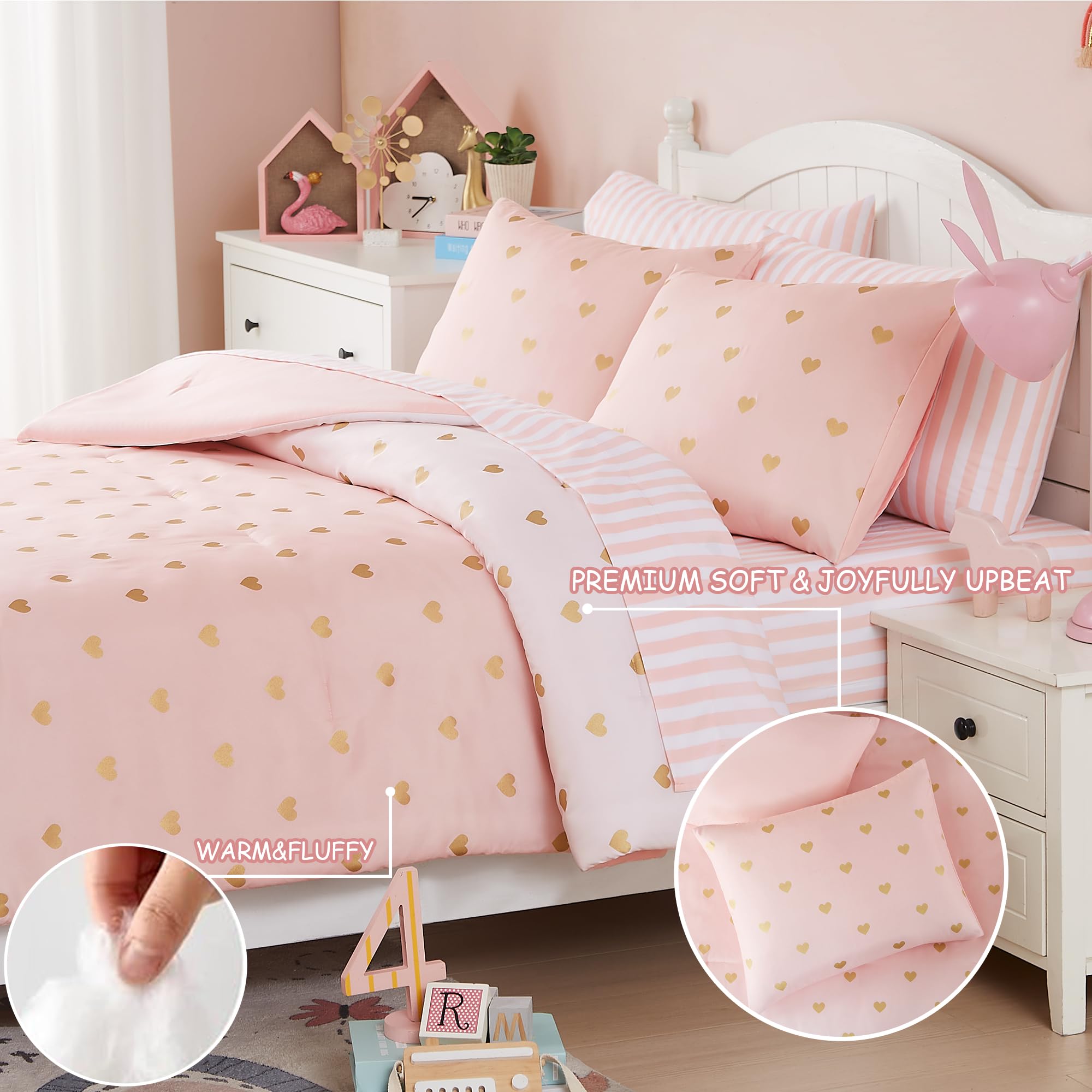 Wink Deer Kids Pink Bedding Sets, 5 Piece Twin Comforter Set with Sheets, Gold Heart Shaped Pink Cute Bedding for Girls, Twin Bed in a Bag(Twin, 66" X 86")