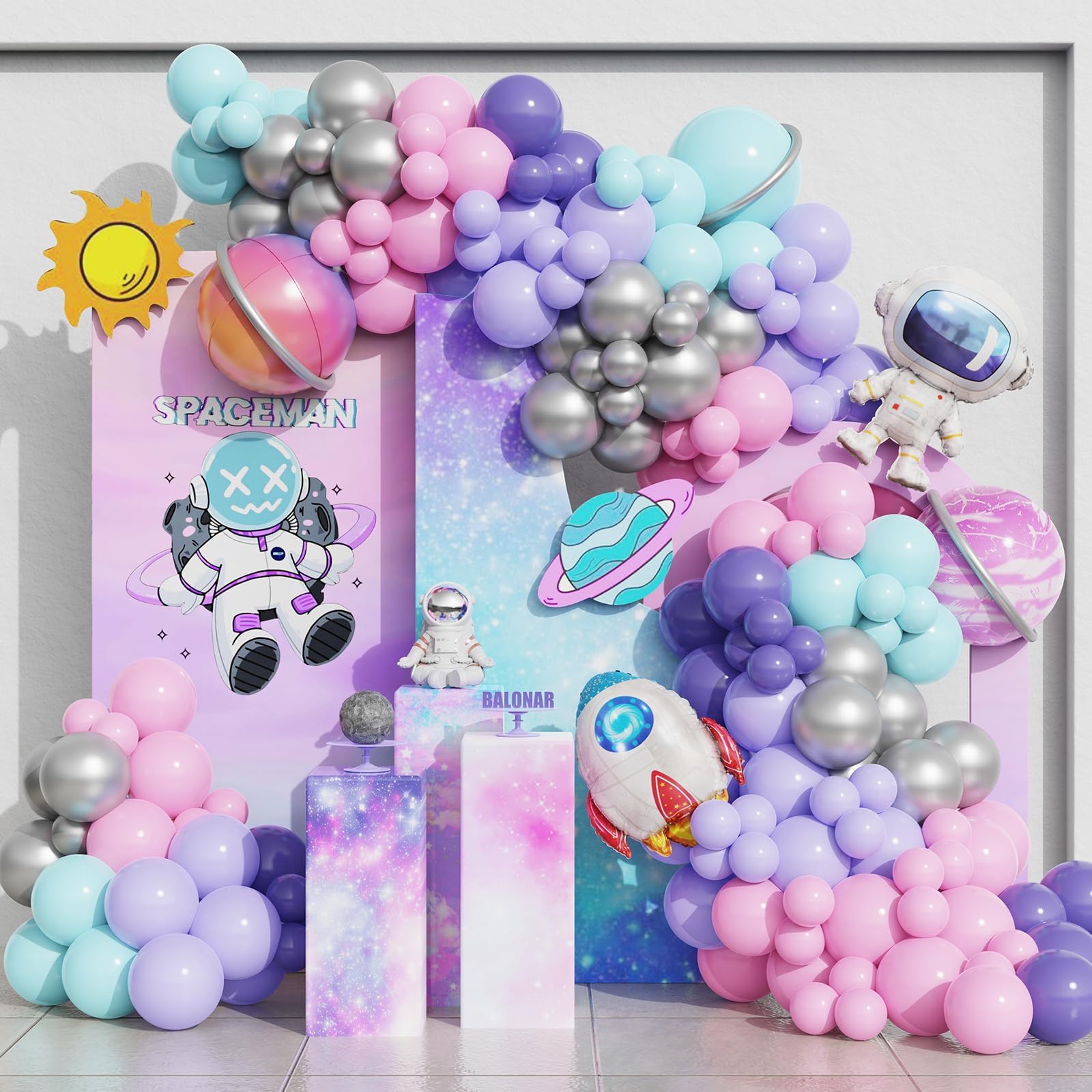 Outer Space Balloon Garland Arch Kit 154Pcs Pink and Purple Latex Balloons with Astronaut,Planet,Rokect Balloons for Universe UFO Outer Space Birthday Party Decorations