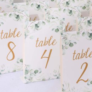 efavormart 25 pack white green double sided paper wedding table numbers with eucalyptus leaves and gold foil numbers print, 7" free standing table sign cards 1-25